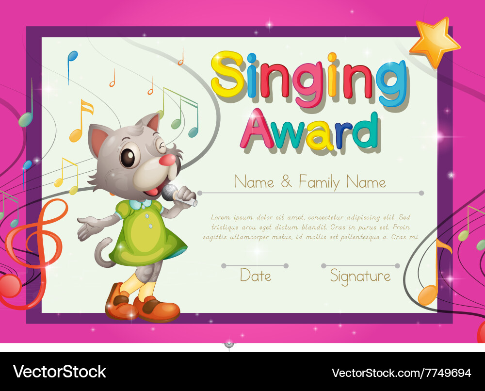 Singing award template with kitten singer Vector Image
