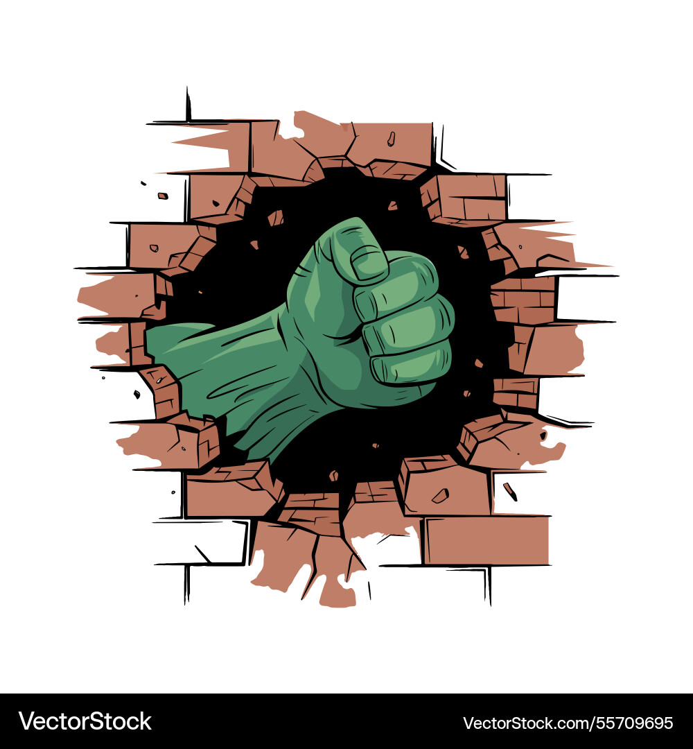 A fist hand breaking brick wall isolated Vector Image