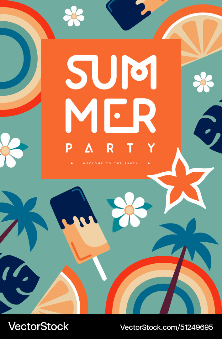 Retro flat summer disco party poster with rainbow Vector Image