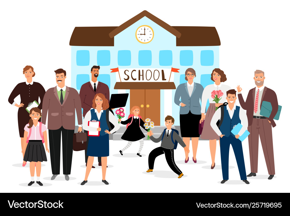 School building teachers and students Royalty Free Vector