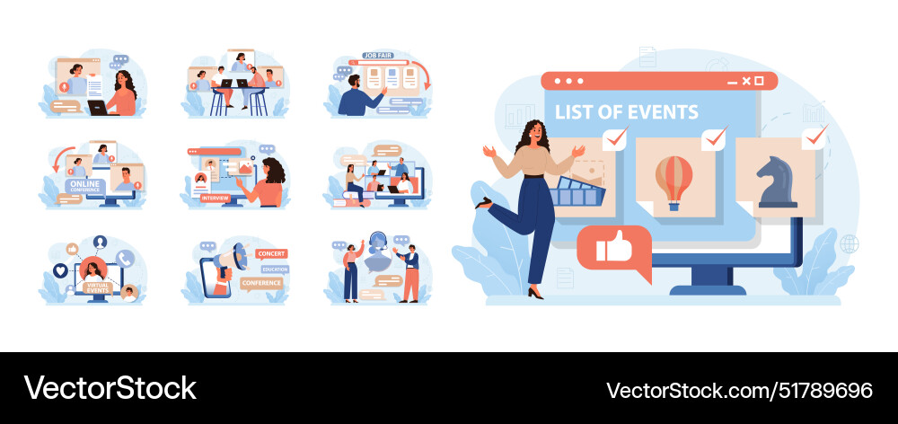 Virtual events set online education conference Vector Image