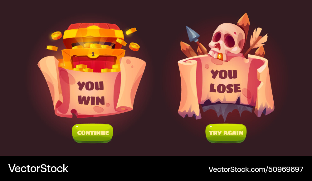 Pirate game win and lose windows set Royalty Free Vector