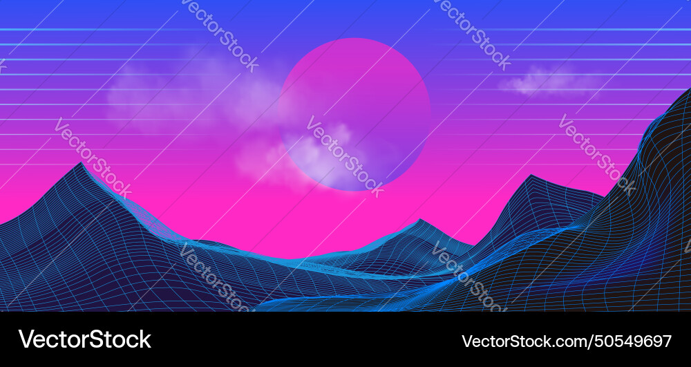 Synthwave retro background with neon pink sunset Vector Image