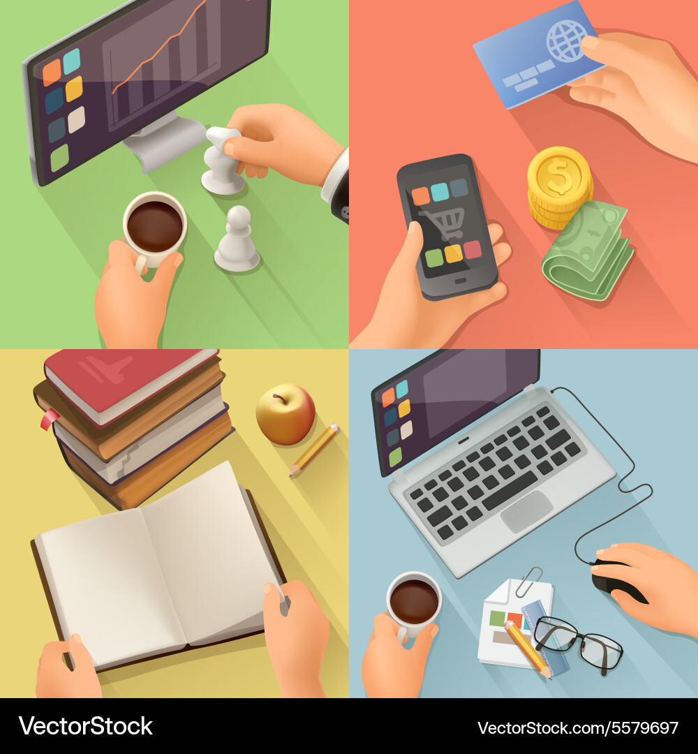 Arbeitsplatz Hintergrund flaches Design-Set Vektorbild