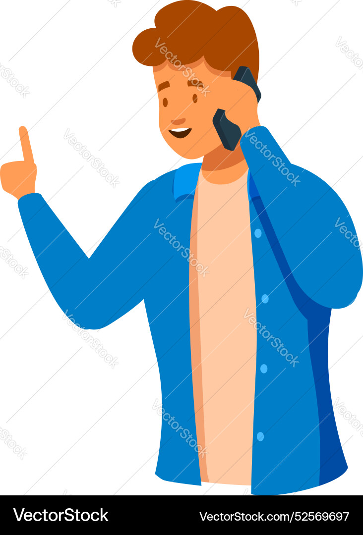 Young man talking on the phone and pointing up Vector Image