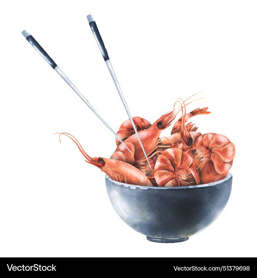 Boiled shrimp in a ceramic bowl with chopsticks Vector Image