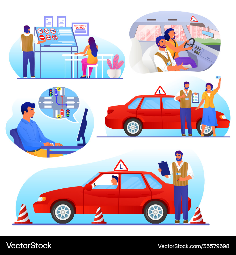 Driving school set flat isolated Royalty Free Vector Image
