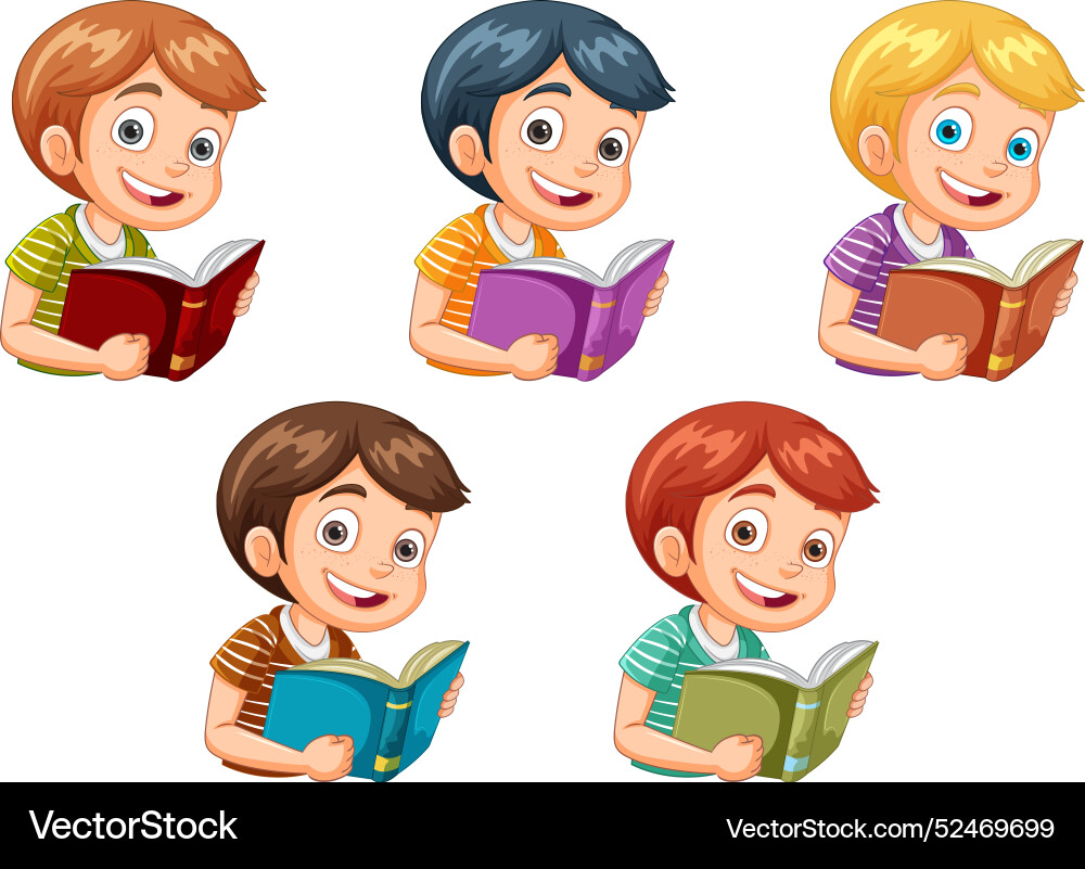 Five kids enjoying reading colorful books Vector Image