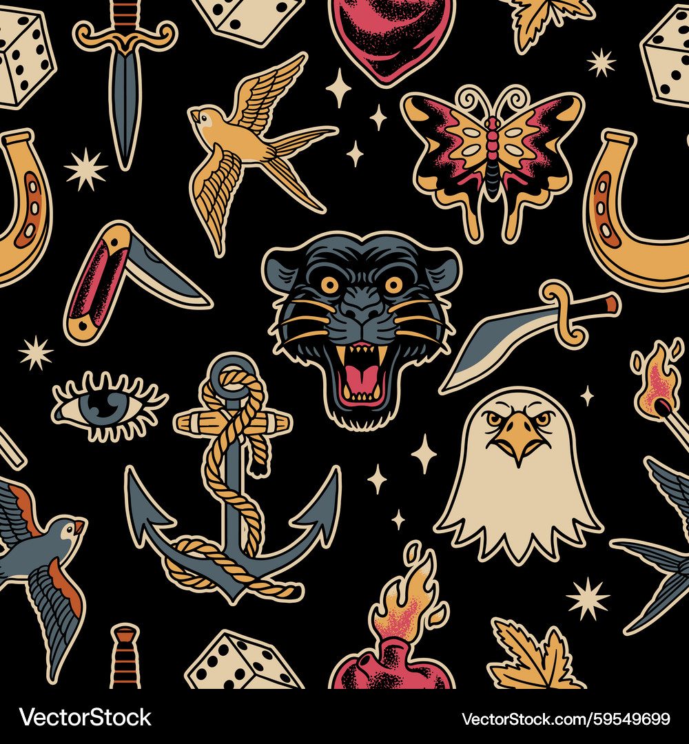 Vintage tattoo seamless pattern Royalty Free Vector Image