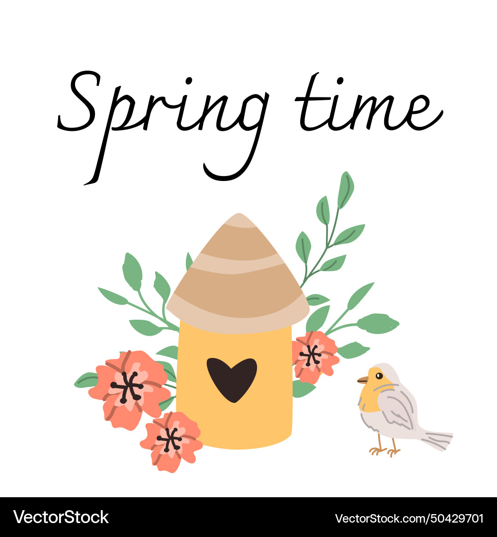 Spring greeting card with robin bird and lettering