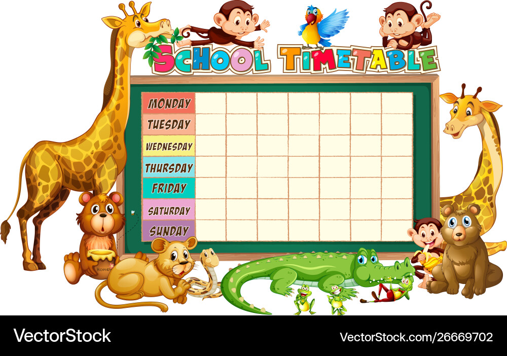 Diverse group animals around school timetable Vector Image