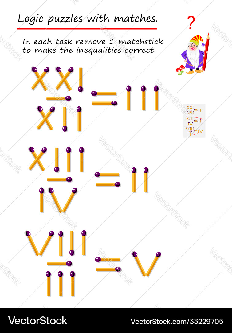 Logical puzzle game with matches in each task Vector Image