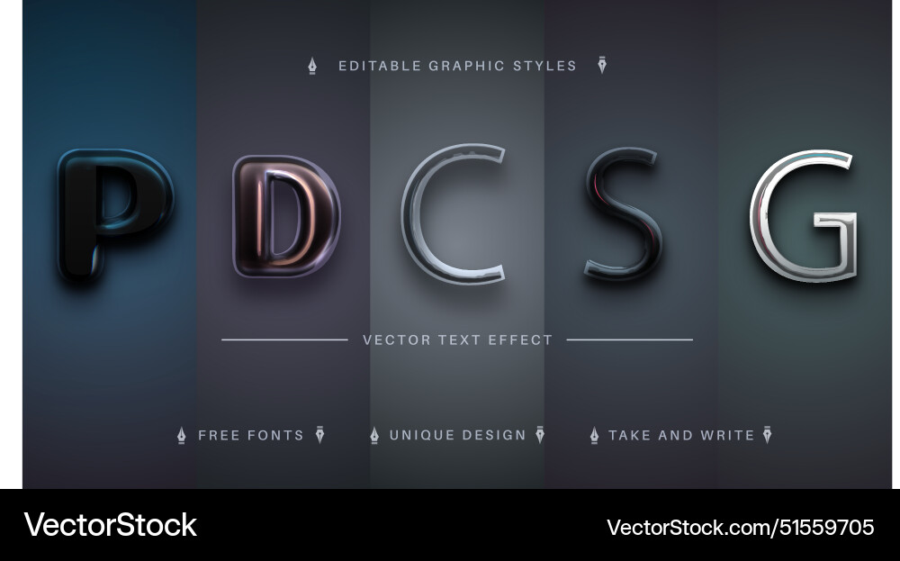 Set 5 plastic editable text effects font styles Vector Image