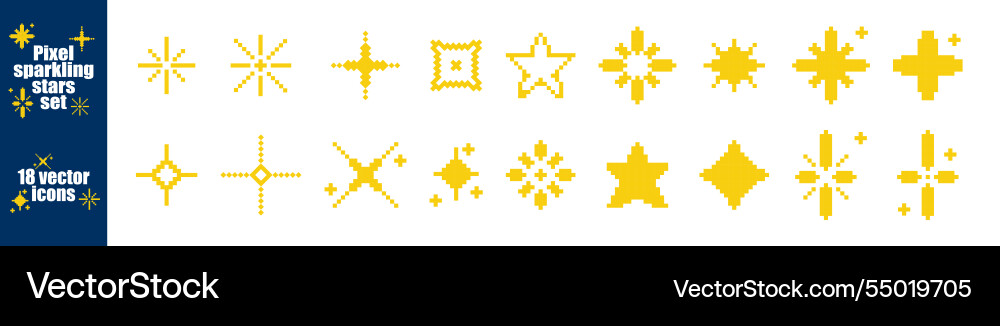 Shine star sparkle set in pixel style Royalty Free Vector
