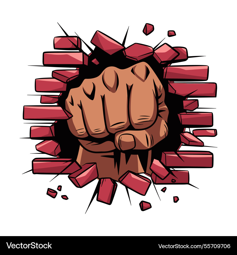 A fist hand breaking brick wall isolated Vector Image