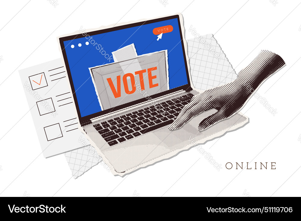 Halftone collage hand voting online with vote Vector Image