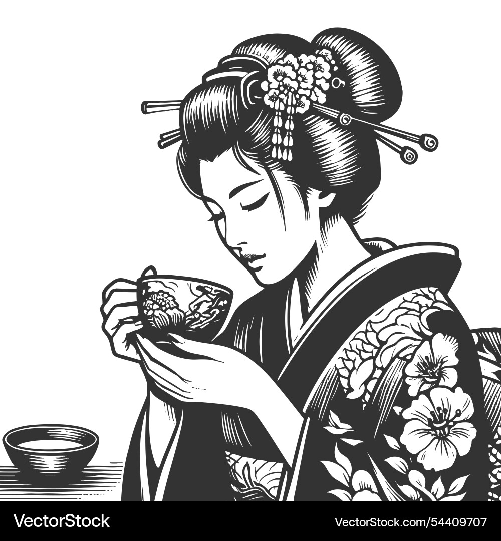 Geisha enjoying tea engraving Royalty Free Vector Image