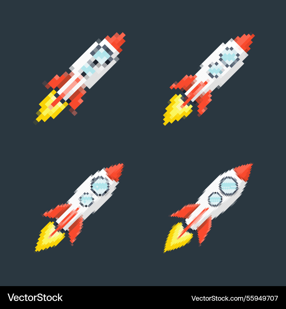 Pixel art rocket with fiery trails retro games Vector Image