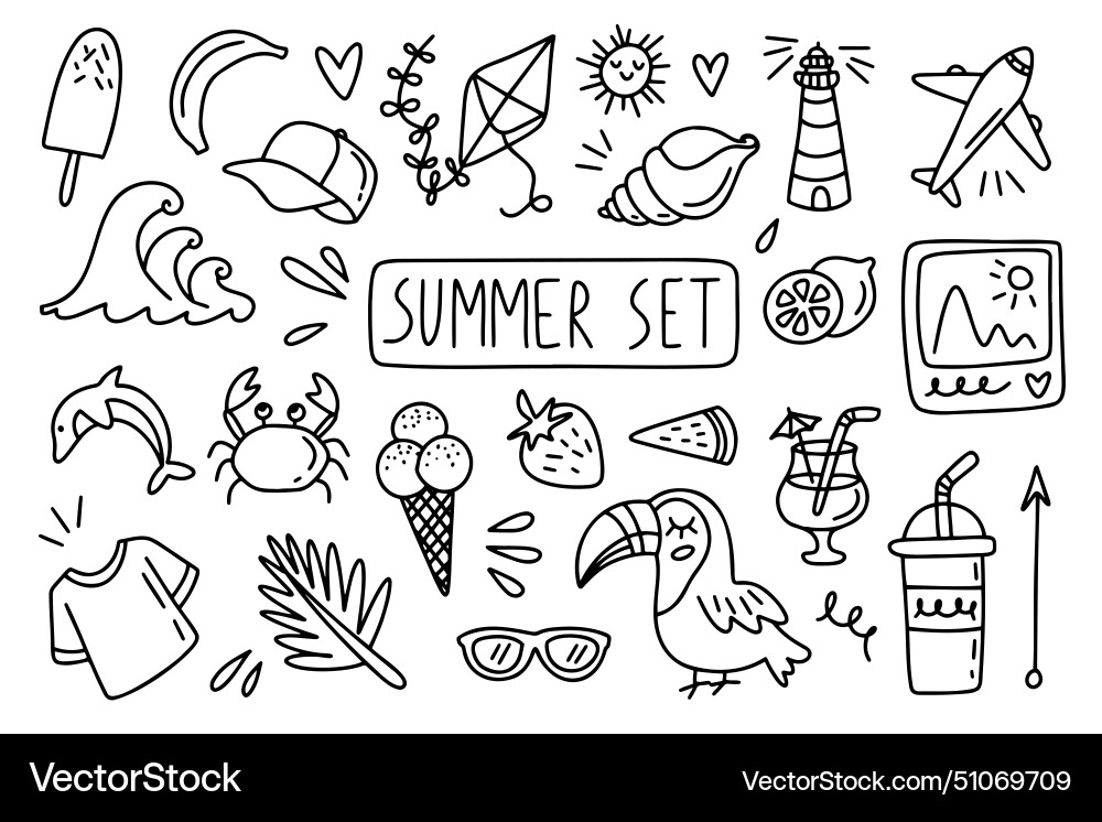 Beach vacation sea line drawings elements summer Vector Image