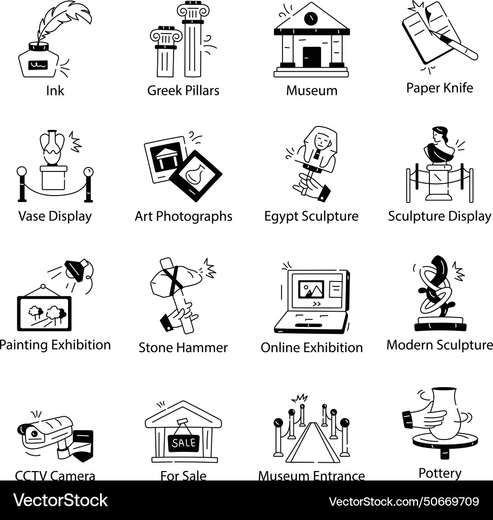 Bundle of art exhibition linear icons Royalty Free Vector