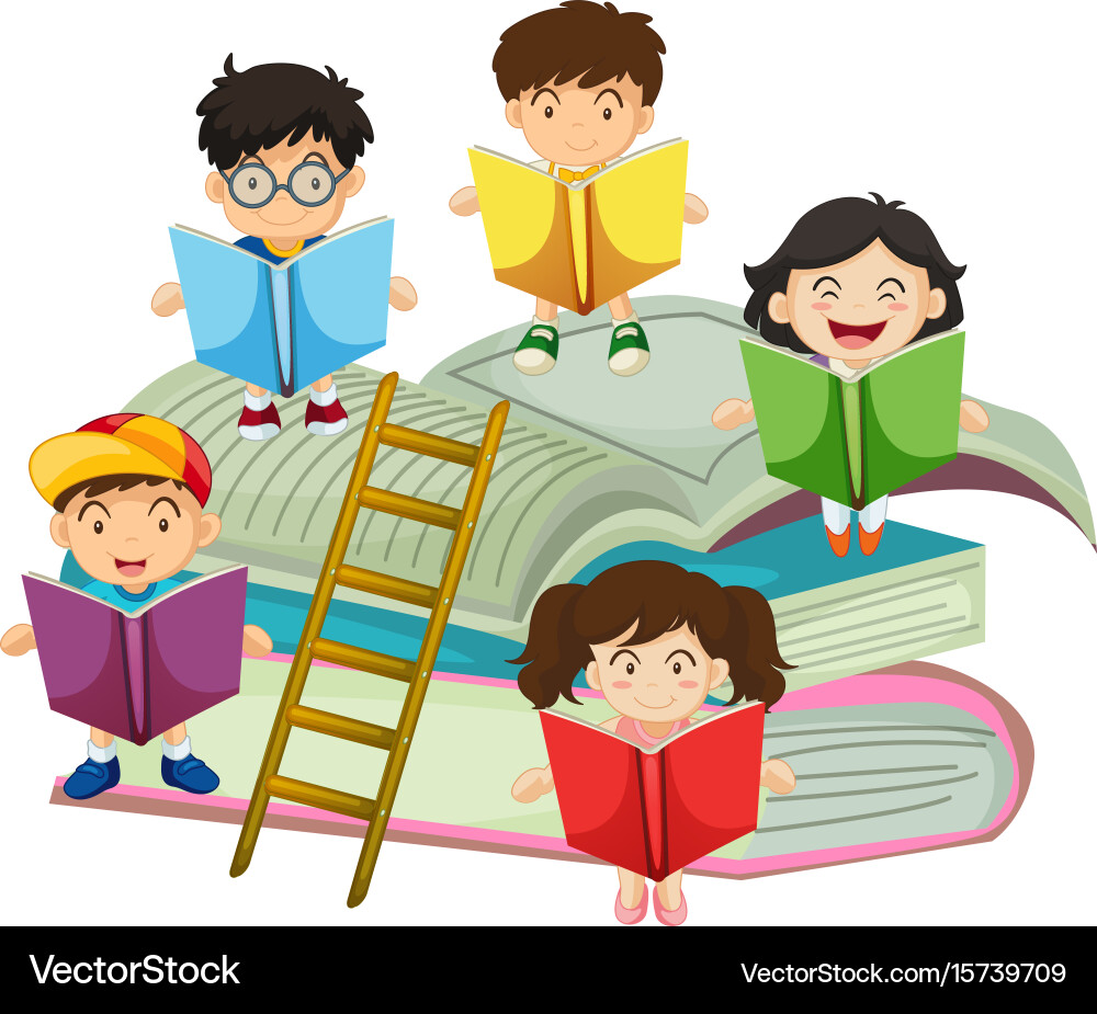 Many children reading books Royalty Free Vector Image