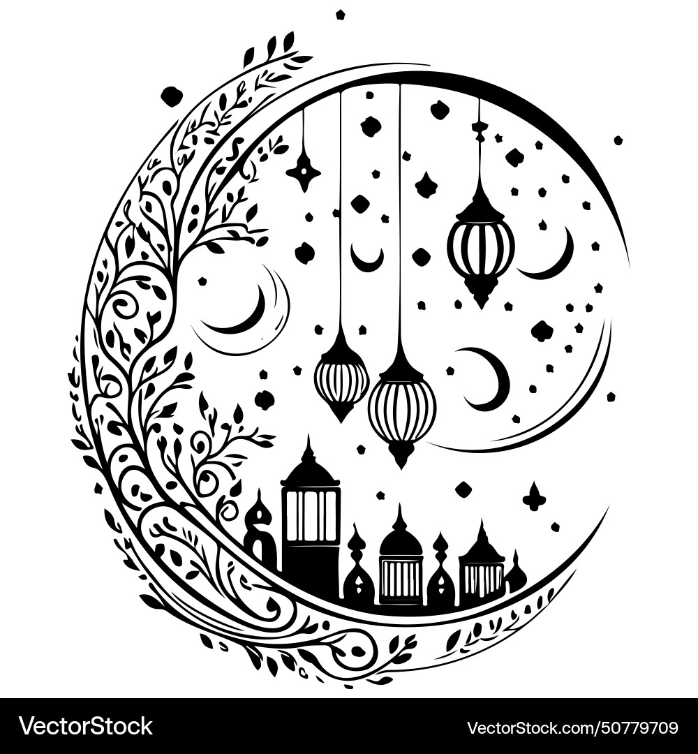Ramadan lantern hanging crescent moon sketch draw Vector Image