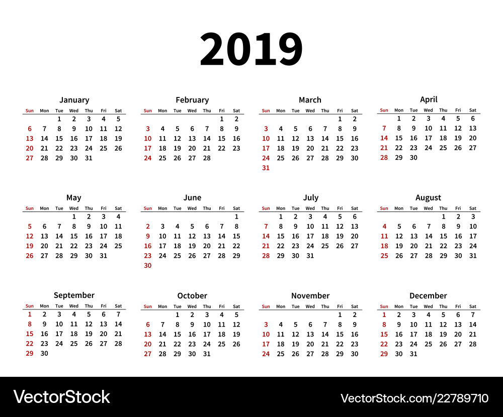 Calendar layout for 2019 year on white background Vector Image