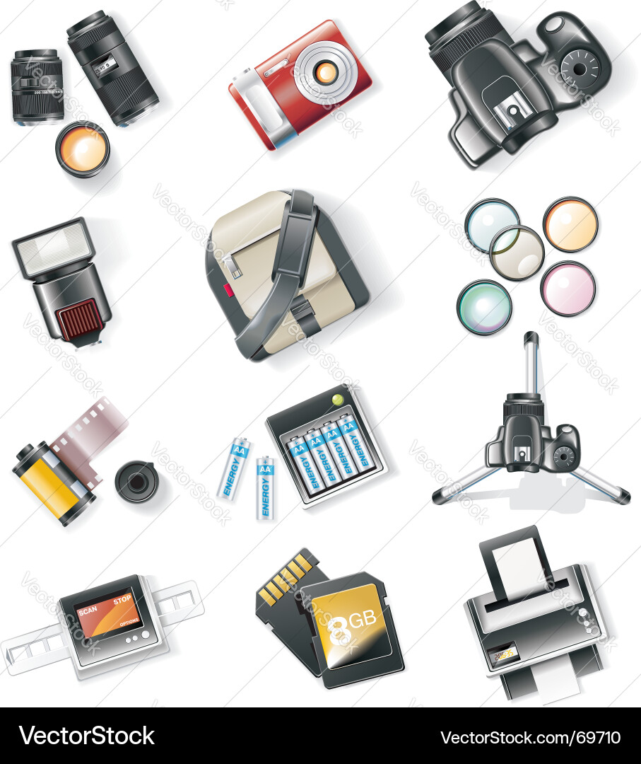Photography equipment icon set Royalty Free Vector Image