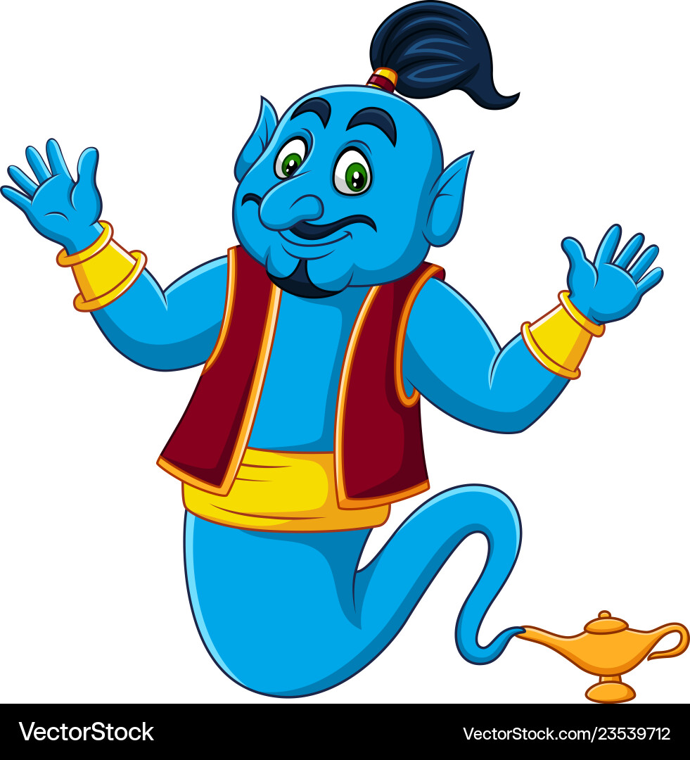 Cartoon Genie Coming Out Of Gold Magic Lamp Vector Image