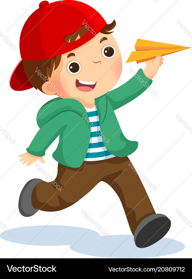 Happy kid playing with paper airplane Royalty Free Vector