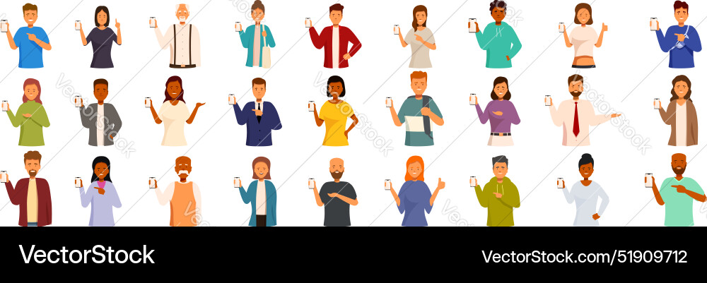 People show smartphone screen icons set diverse Vector Image