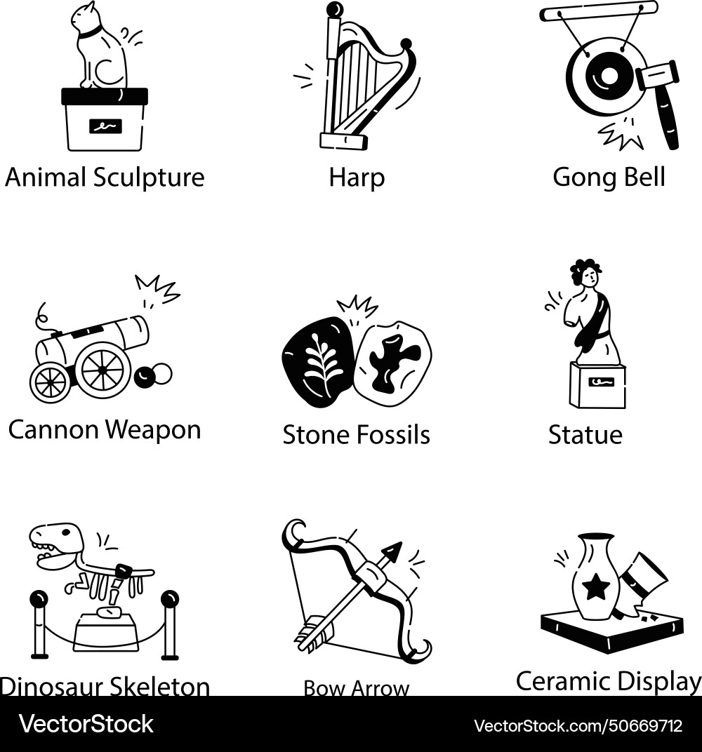 Set of artwork and ancient artifacts linear icons Vector Image
