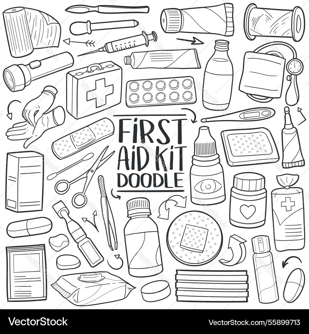 First aid kit doodle icons line art image Vector Image
