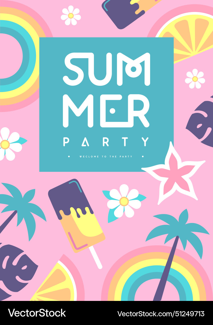 Retro flat summer disco party poster with rainbow Vector Image