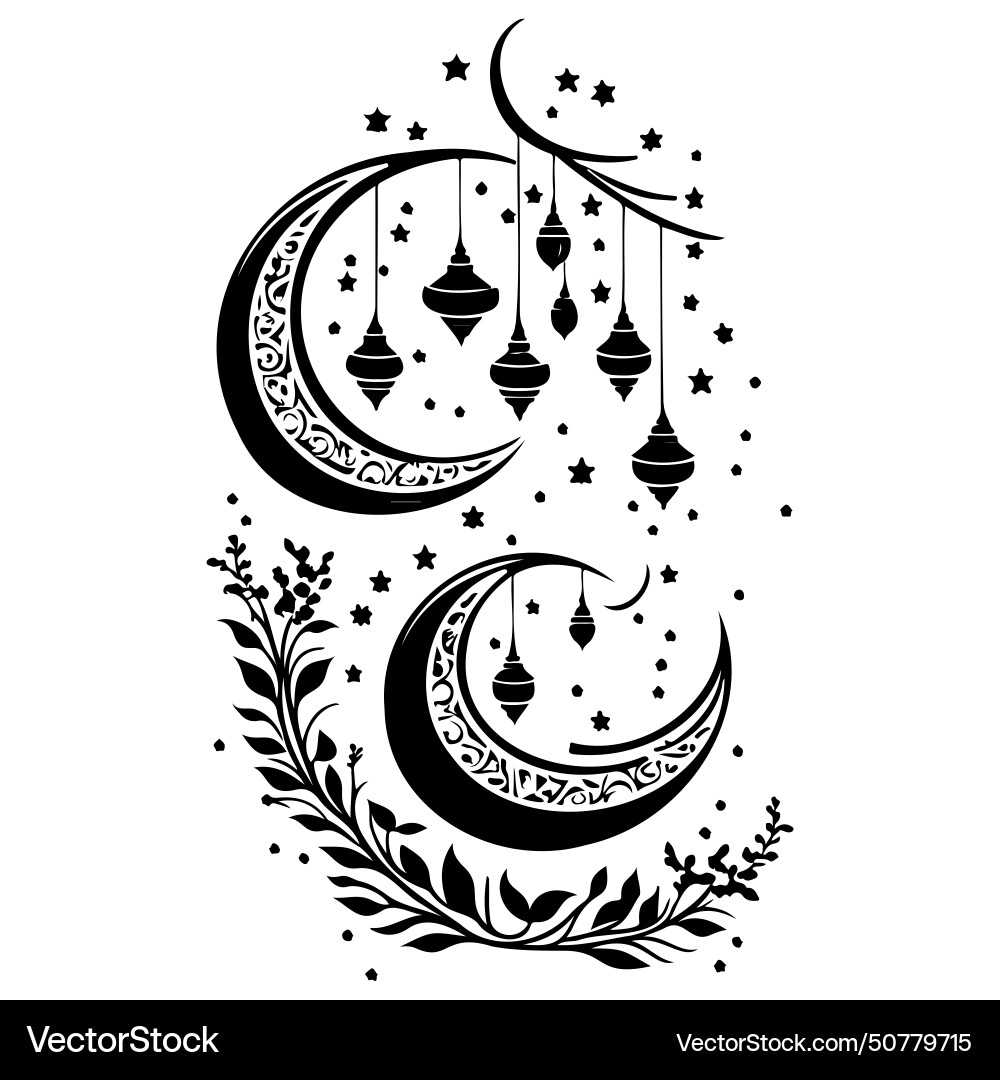Ramadan lantern hanging crescent moon sketch draw Vector Image