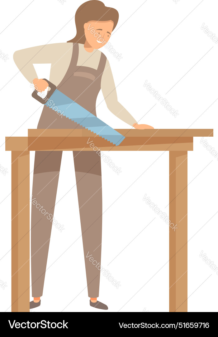 Carpenter is sawing a wood plank using a handsaw Vector Image