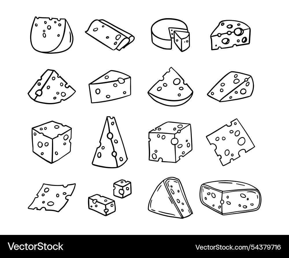 Cheese doodle hand drawn line icon set different Vector Image