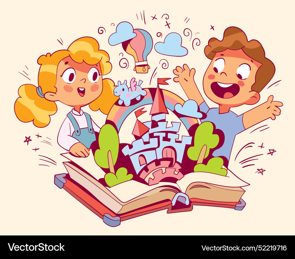 Children reading magic book pop-up colorful Vector Image