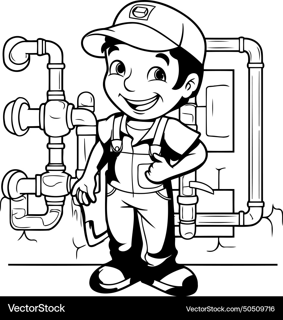 Plumber with pipe - black and white cartoon Vector Image