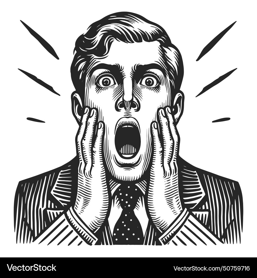 Shocked man expression retro art style Royalty Free Vector