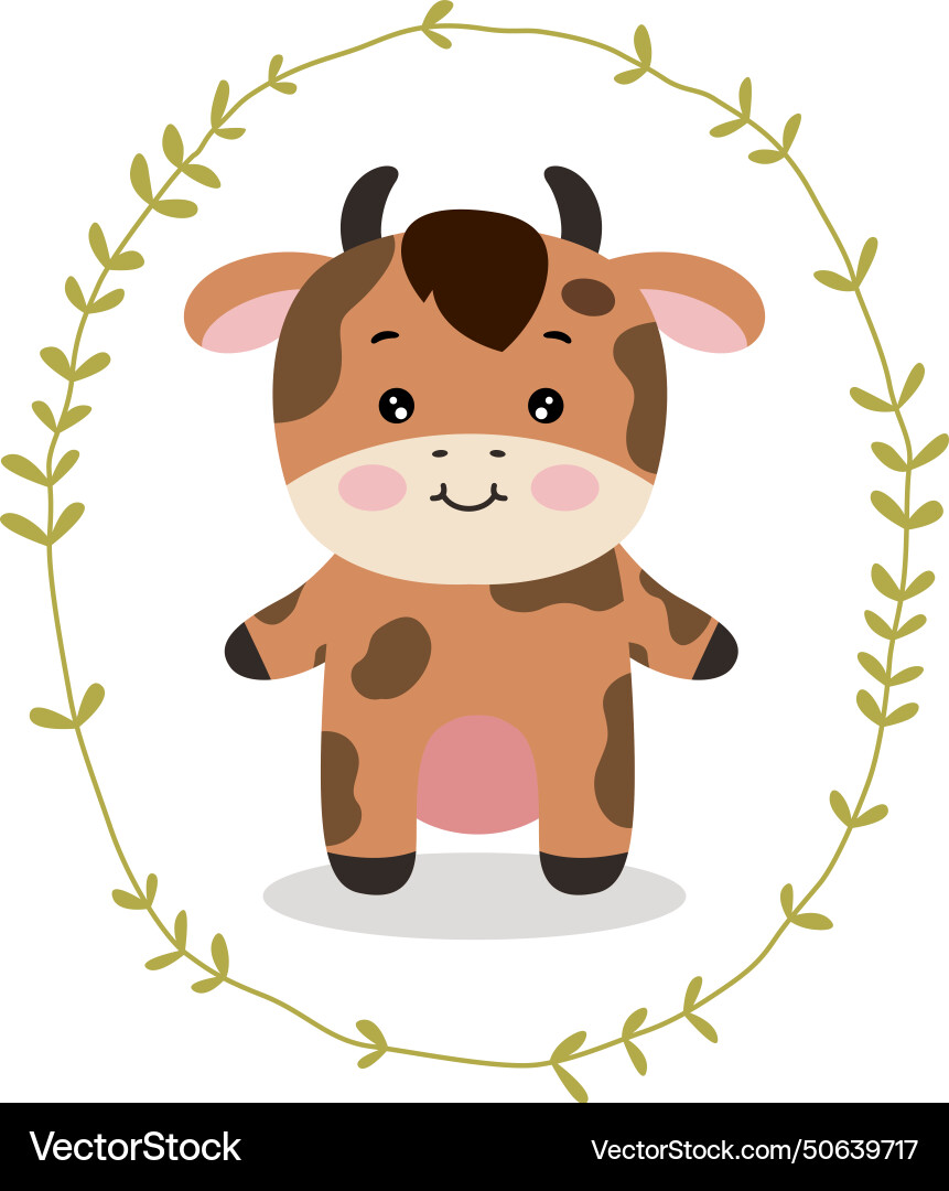 Cute cow inside an oval leaves border Royalty Free Vector