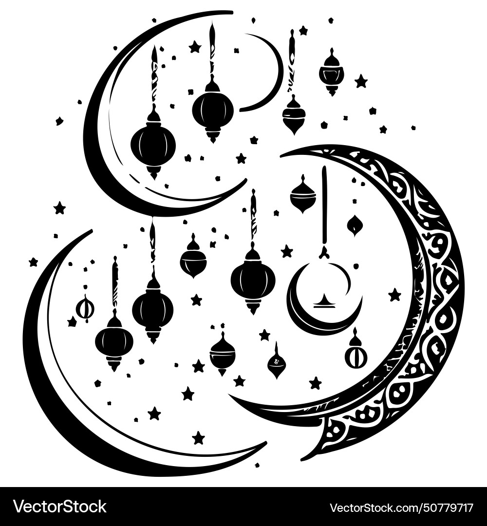 Ramadan lantern hanging crescent moon sketch draw Vector Image