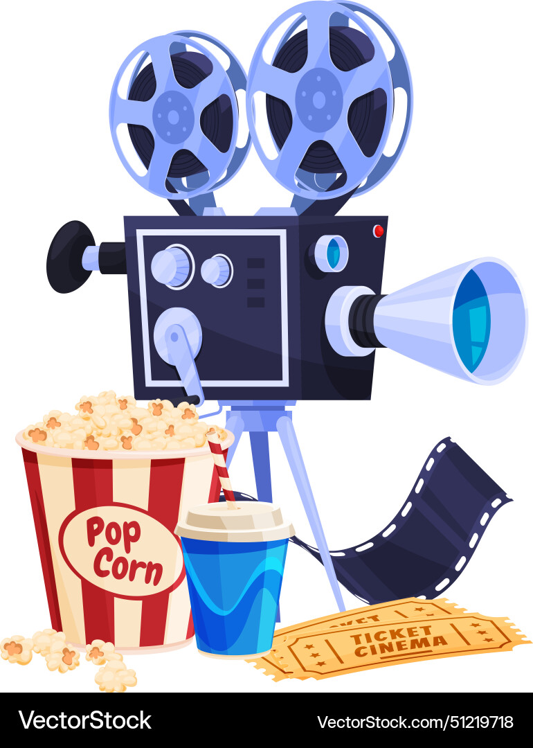 Cinema traditional equipment camera popcorn ticket