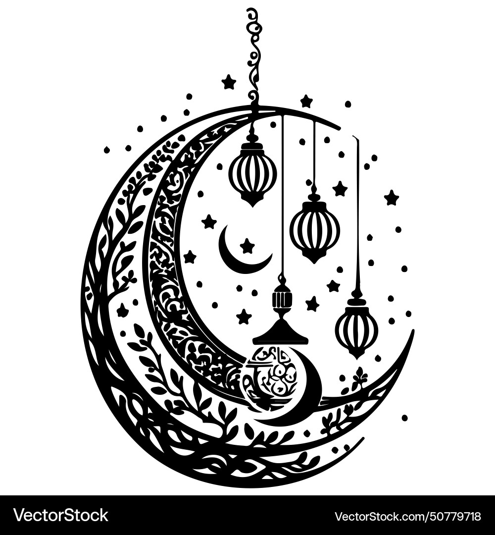 Ramadan lantern hanging crescent moon sketch draw Vector Image
