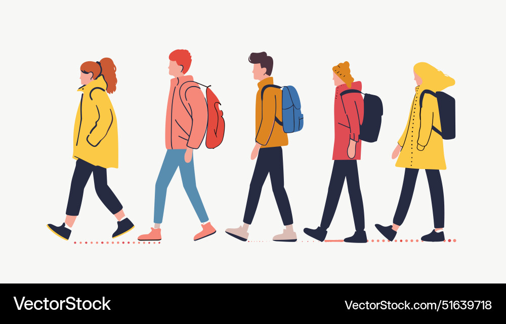 Side view diverse group walking young adults Vector Image