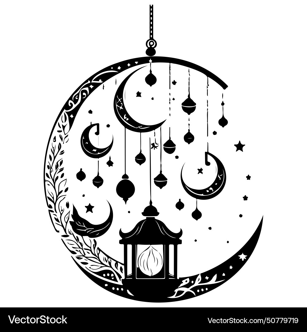 Ramadan lantern hanging crescent moon sketch draw Vector Image