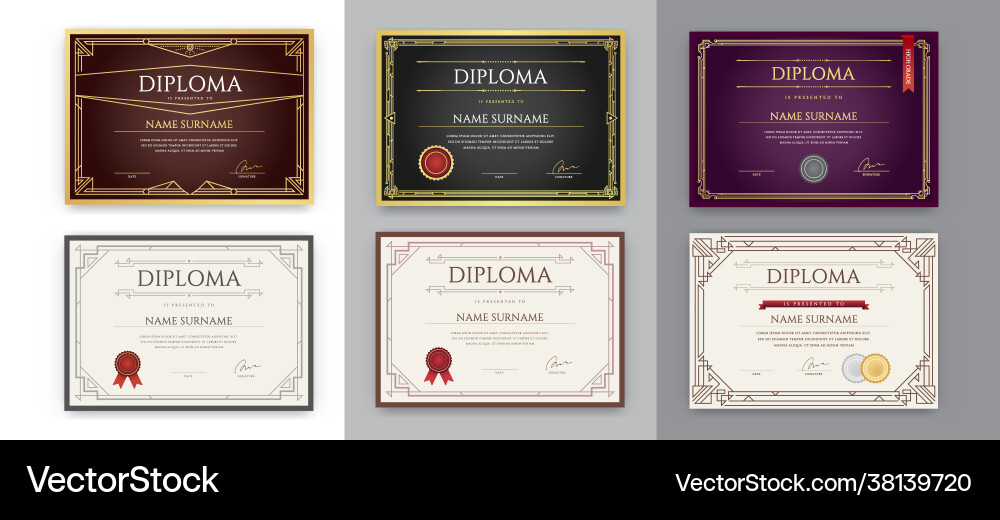 Big set 9 diploma or certificate design Royalty Free Vector