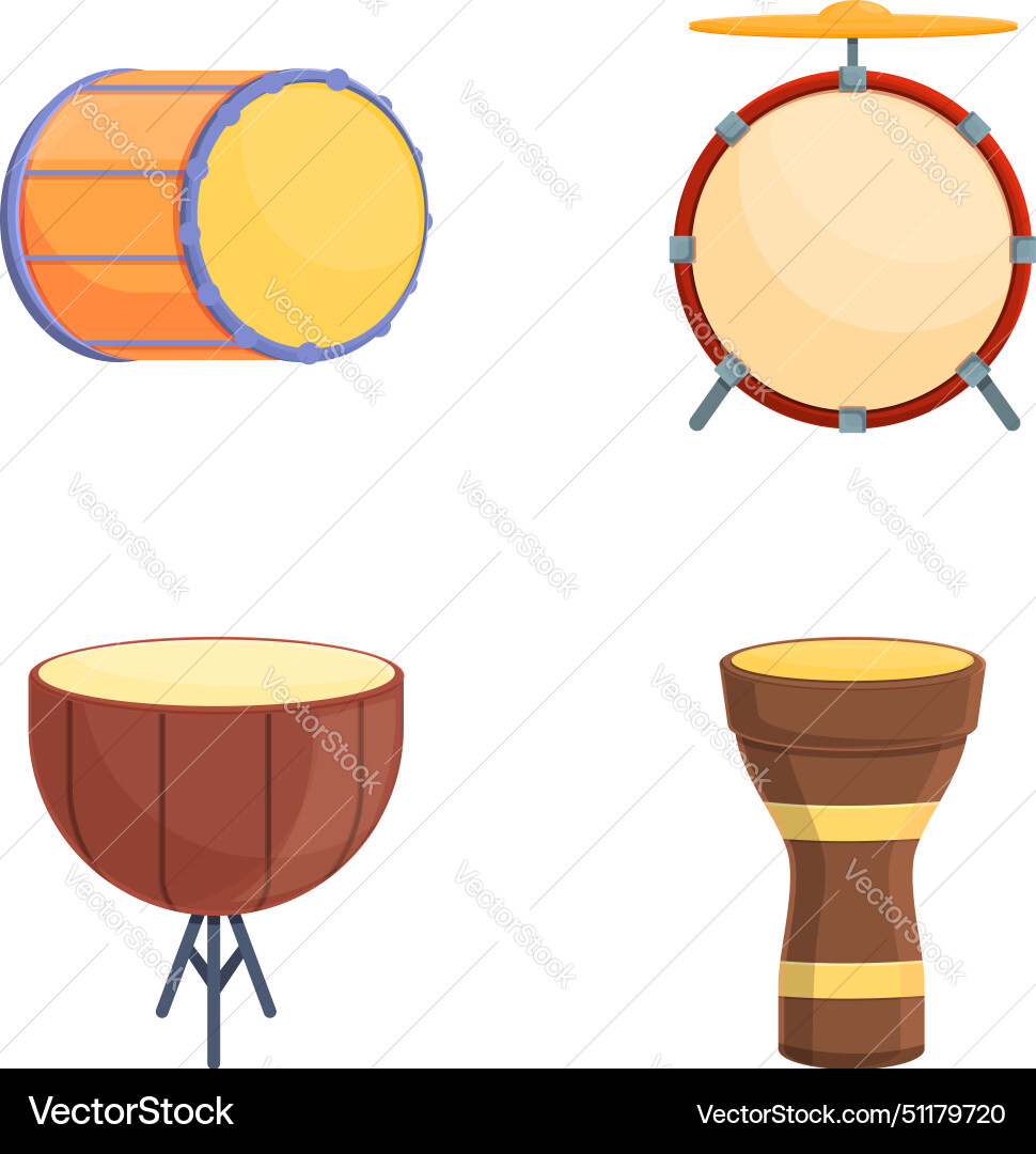 Drum icons set cartoon wooden Royalty Free Vector Image