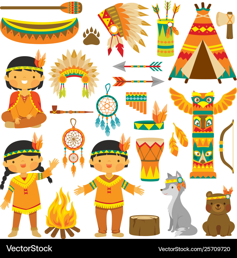 Native american kids clip art set Royalty Free Vector Image