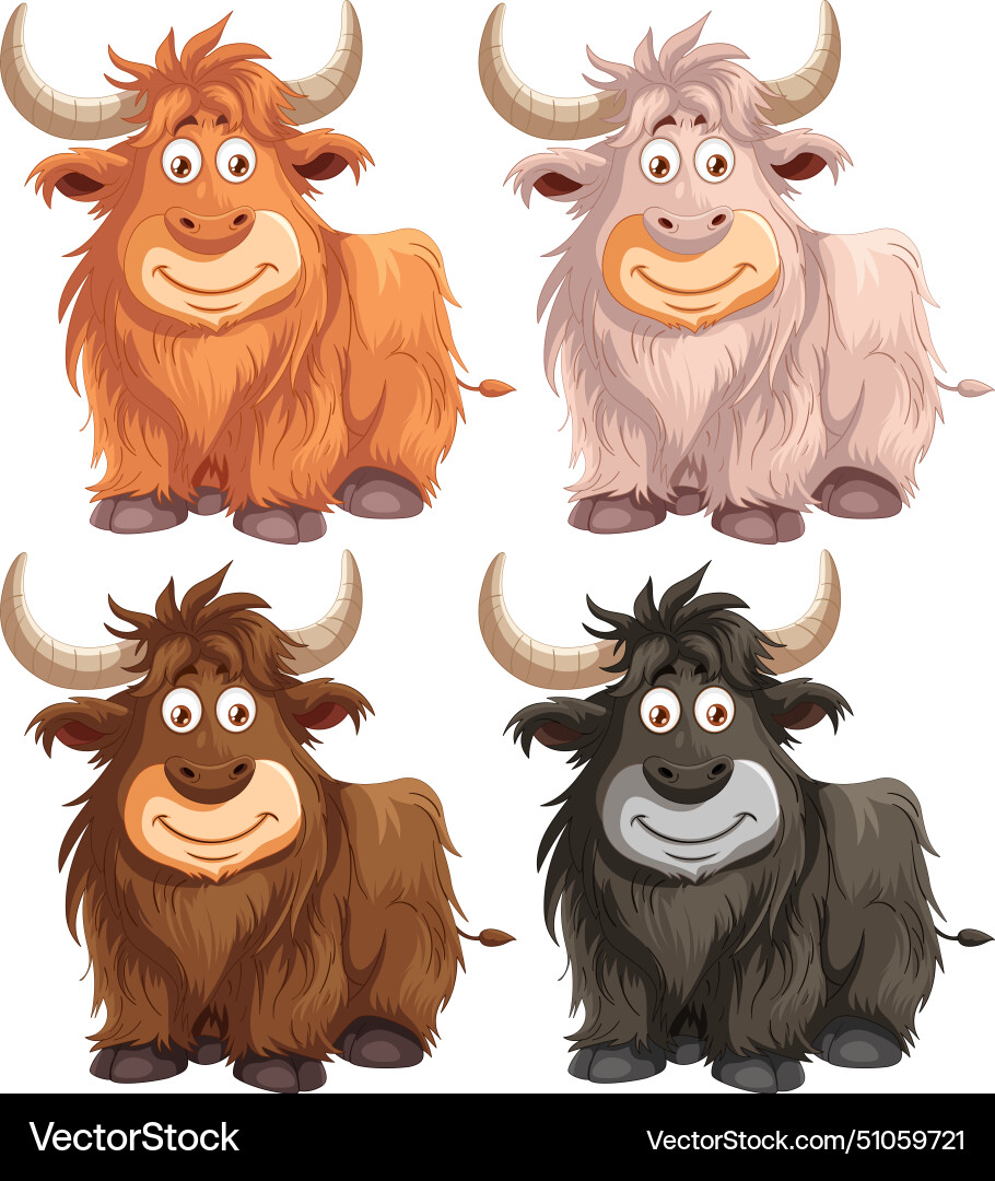 Four cheerful cartoon highland cattle Royalty Free Vector
